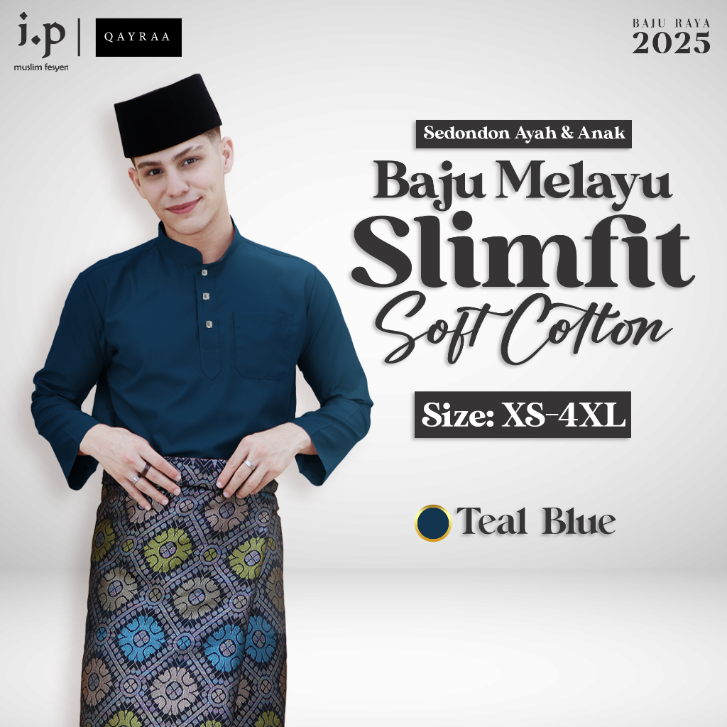 QAYRAA 2025🪔TEAL BLUE Baju Melayu Soft Cotton DEWASA Lelaki Slim Fit ...
