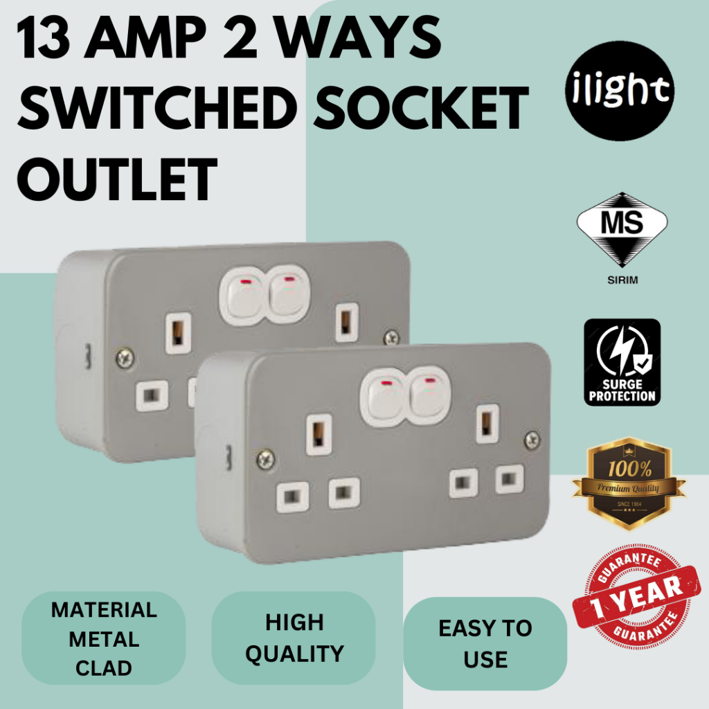 AEROTECH 13 AMP 2 WAYS SWITCHED SOCKET METAL CLAD DOUBLE 13A FLAT PIN ...