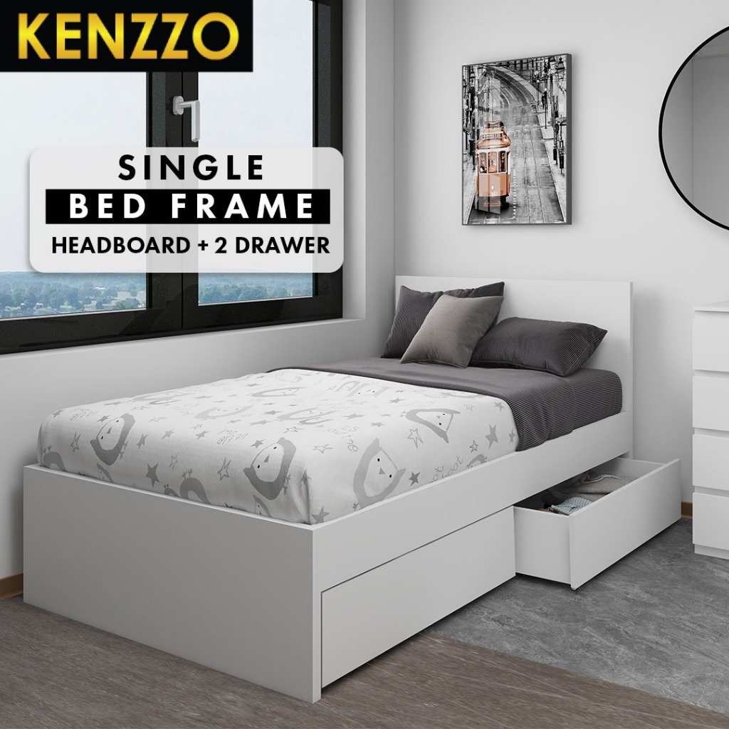 Katil Single With Headboard/ Wooden Bedframe With 2 Storage Drawer ...