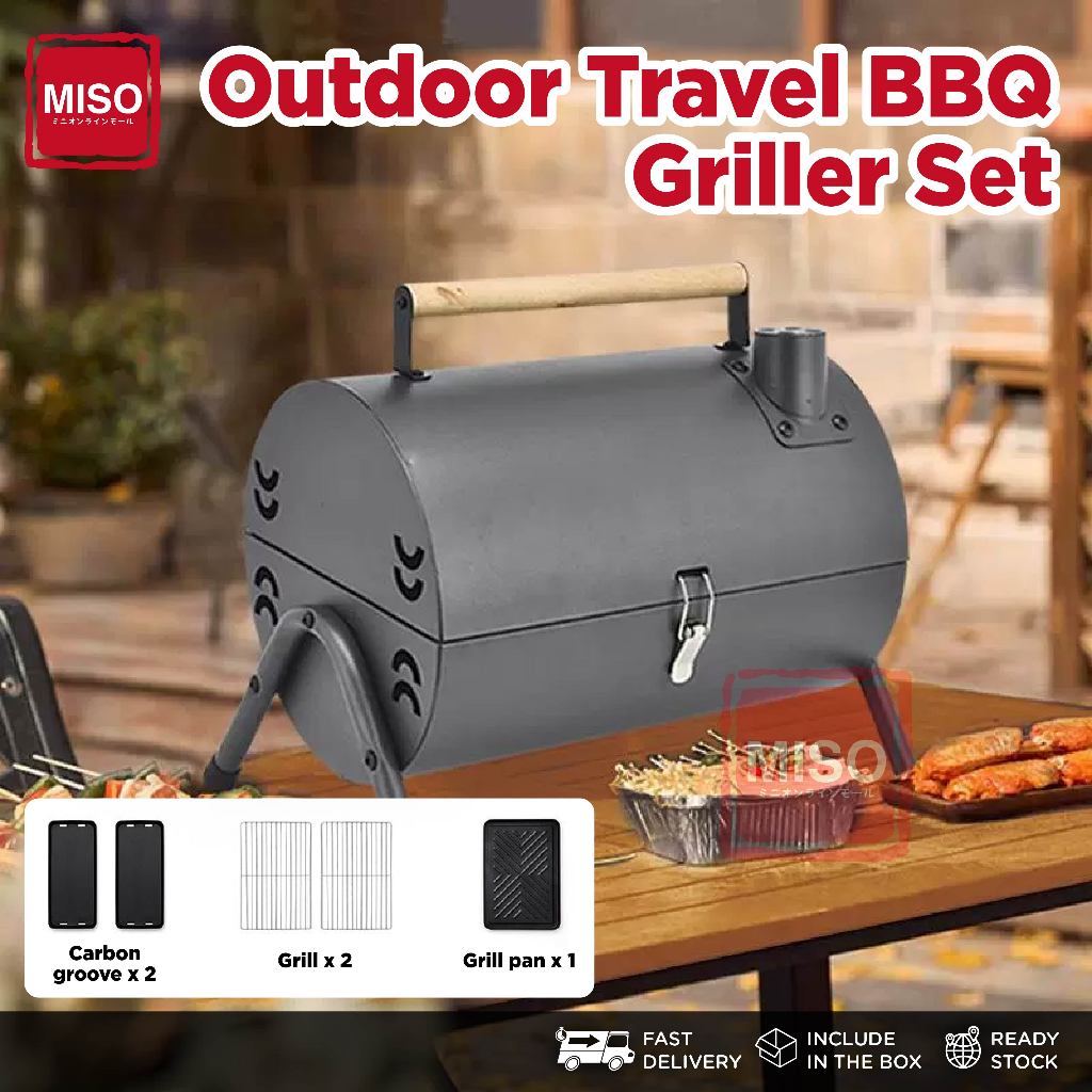 TRAVEL BLACK BBQ Griller Set Outdoor Camping Heavy Duty Stove Portable ...