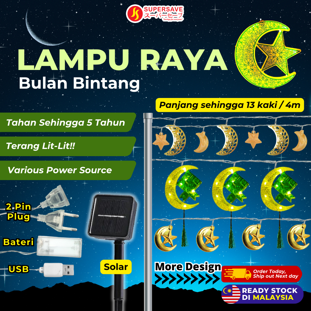 SUPERSAVE Lampu Raya Bulan Bintang 2025 Lampu Kelip Kelip Solar LED ...