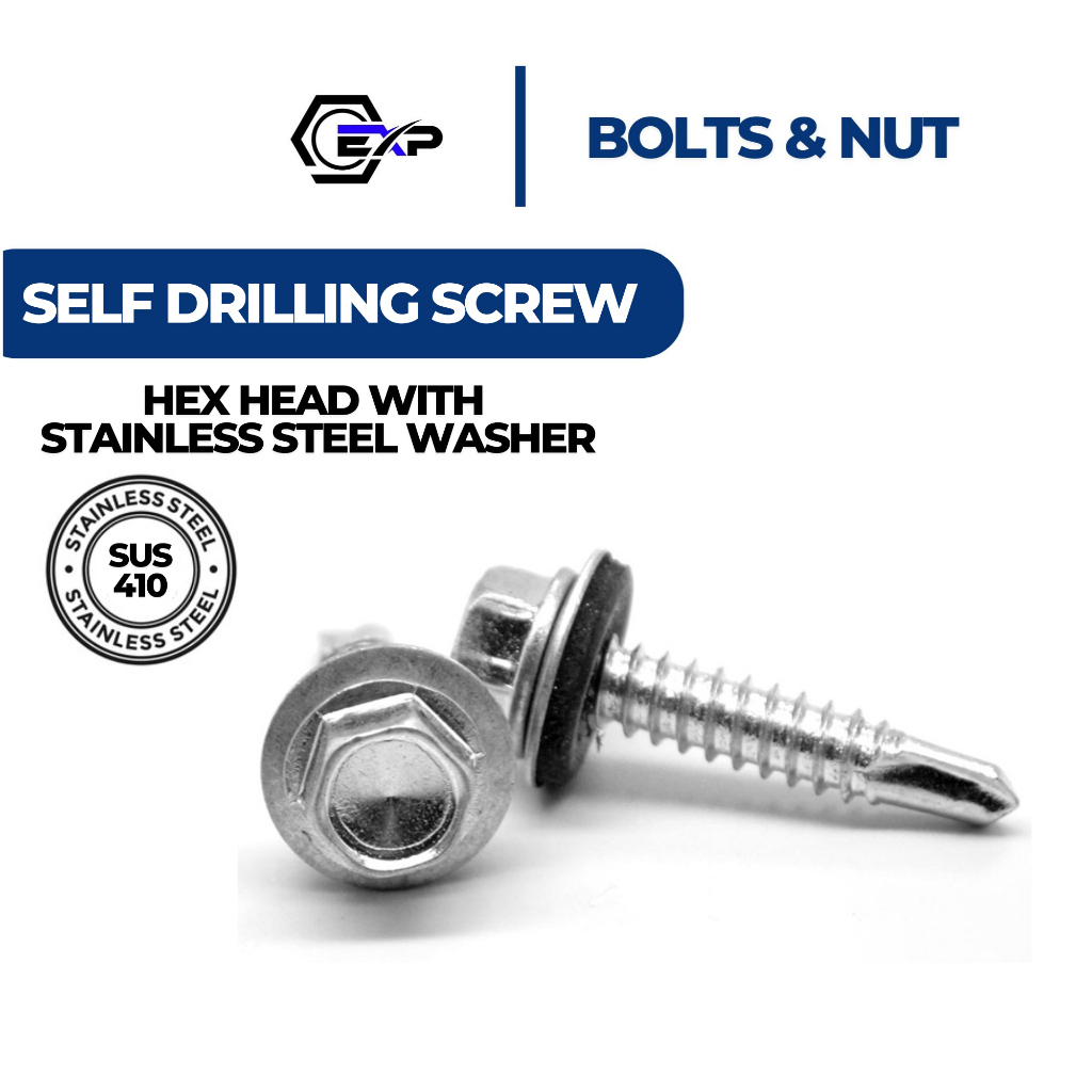 Exp (1PCS) Self Drilling Screw Stainless Steel 410 Hex Head Skru Besi ...