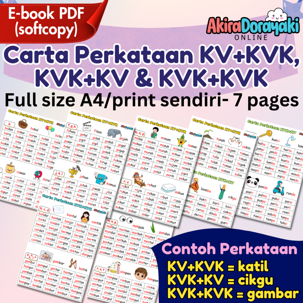 06 Carta Perkataan Suku Kata KV+KVK, KVK+KV & KVK+KVK [PDF Softcopy] print sendiri | Shopee Malaysia