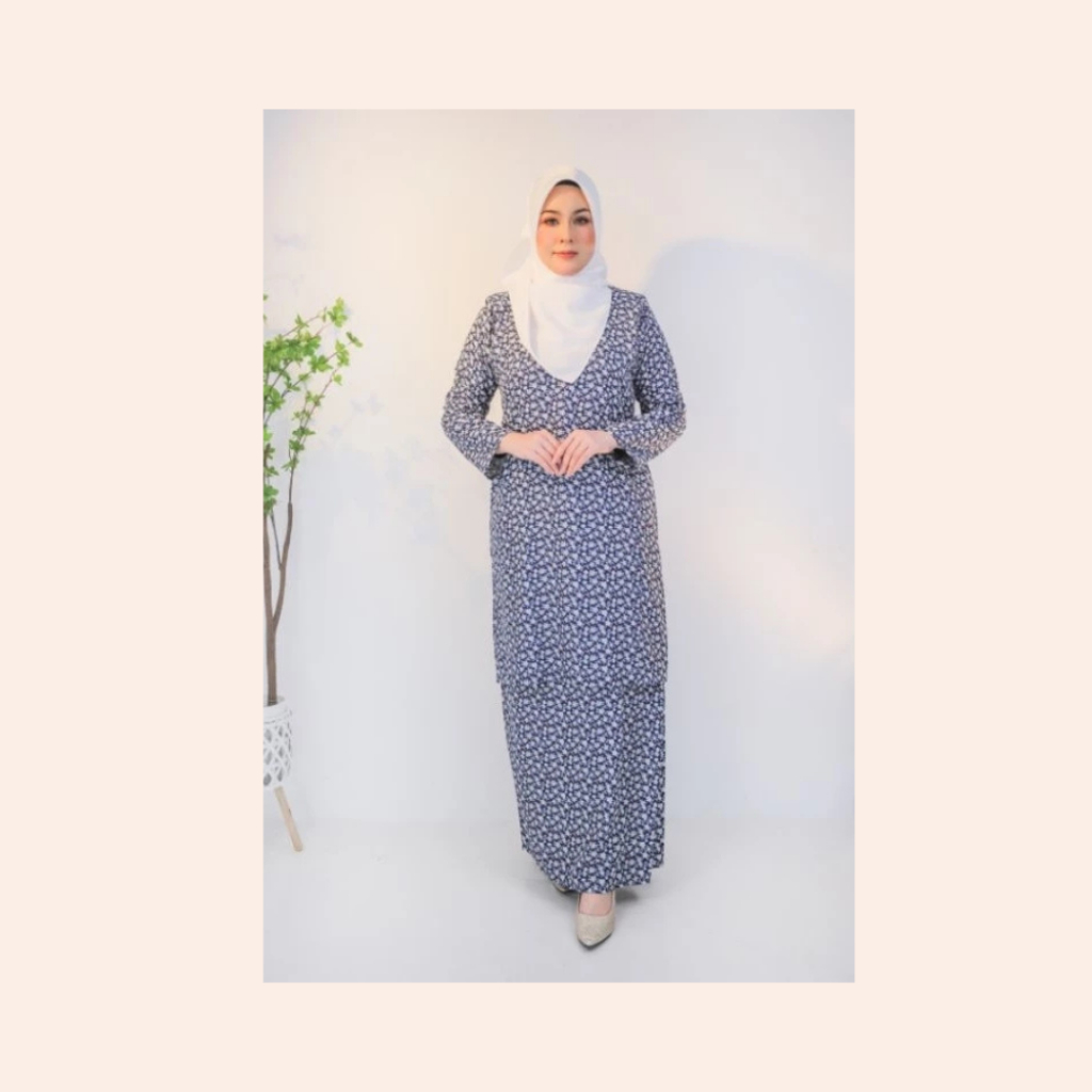 Baju Kurung Tradisional Pesak Pahang Cotton Twill Bunga Putih Melati ...