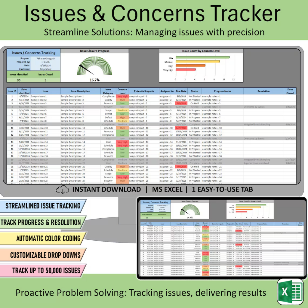 Issues and Concerns Tracker Spreadsheet Excel Issue Tracking Management ...