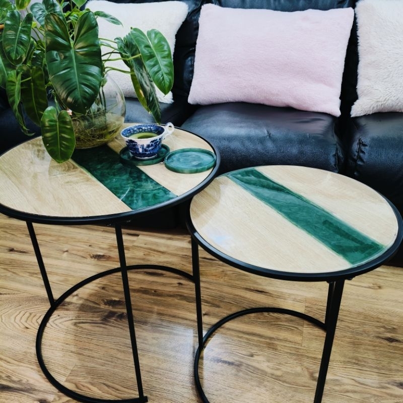 Handmade Emerald Green Epoxy Resin Coffee Table Set – Foldable Modern ...