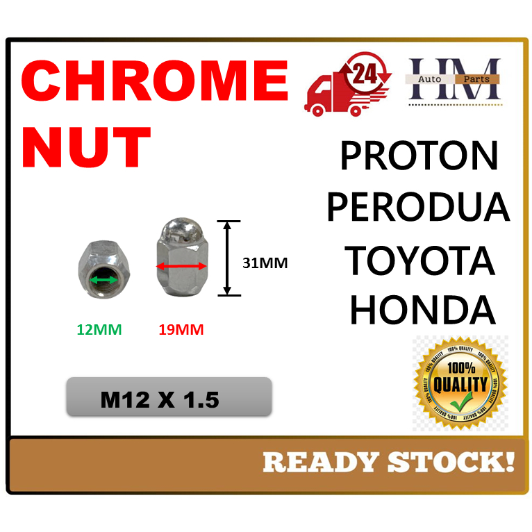 Chrome Nut M12X1.5MM For Proton Perodua Toyota Honda Mazda Mitsubishi ...