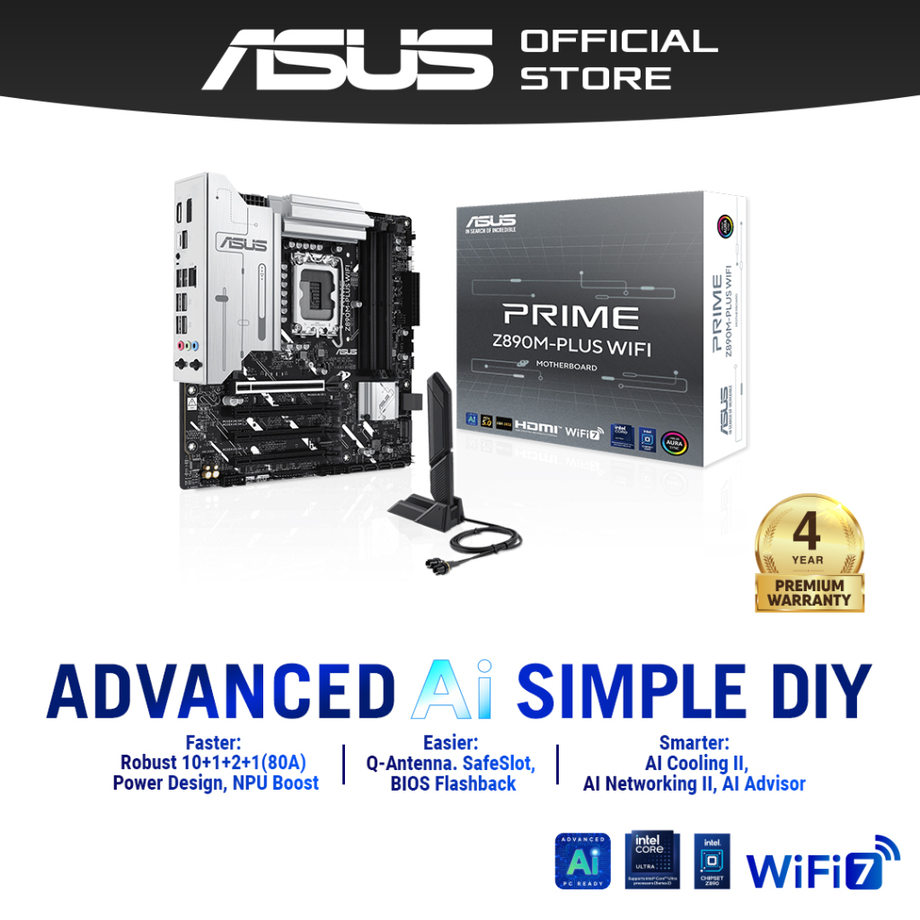 ASUS Intel PRIME Z890M-PLUS WIFI mATX motherboard, 10+1+2+1 (80A) power stages, PCIe 5.0, USB-C ...