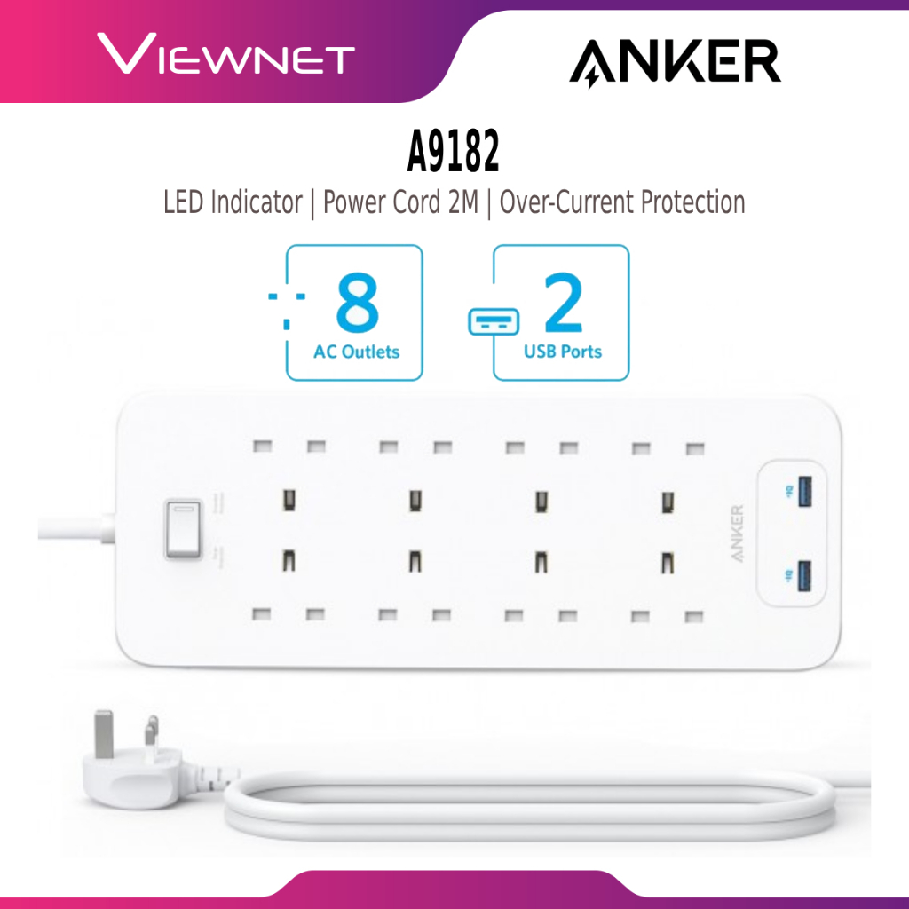 ANKER A9182 342 POWER STRIP 8 PLUGS 2 USB A 2M EXTENSION SOCKET WITH ...