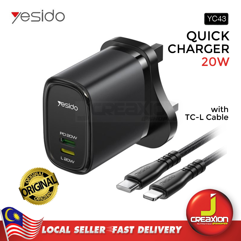 Yesido YC43 20W Fast Charger with Type-C + L Reverse Port (FREE TC-L ...