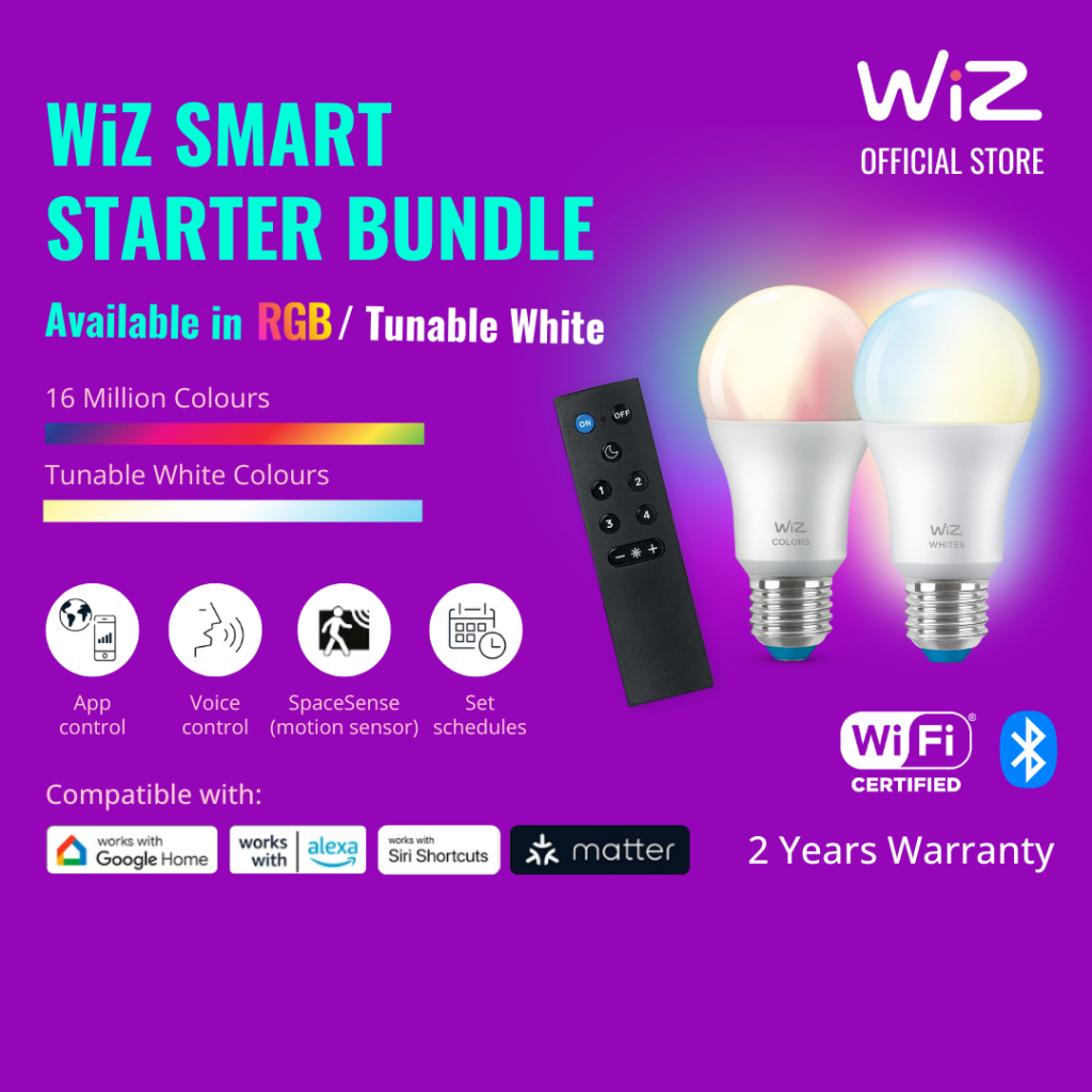 WiZ Smart Starter Bundle | x2 RGB/ Tunable White 60W E27 + Remote ...