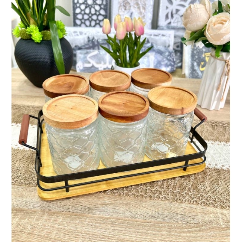 [READY STOCK]Balang Kuih Raya Biskut Kaca Penutup Kayu Glass Jar Set ...