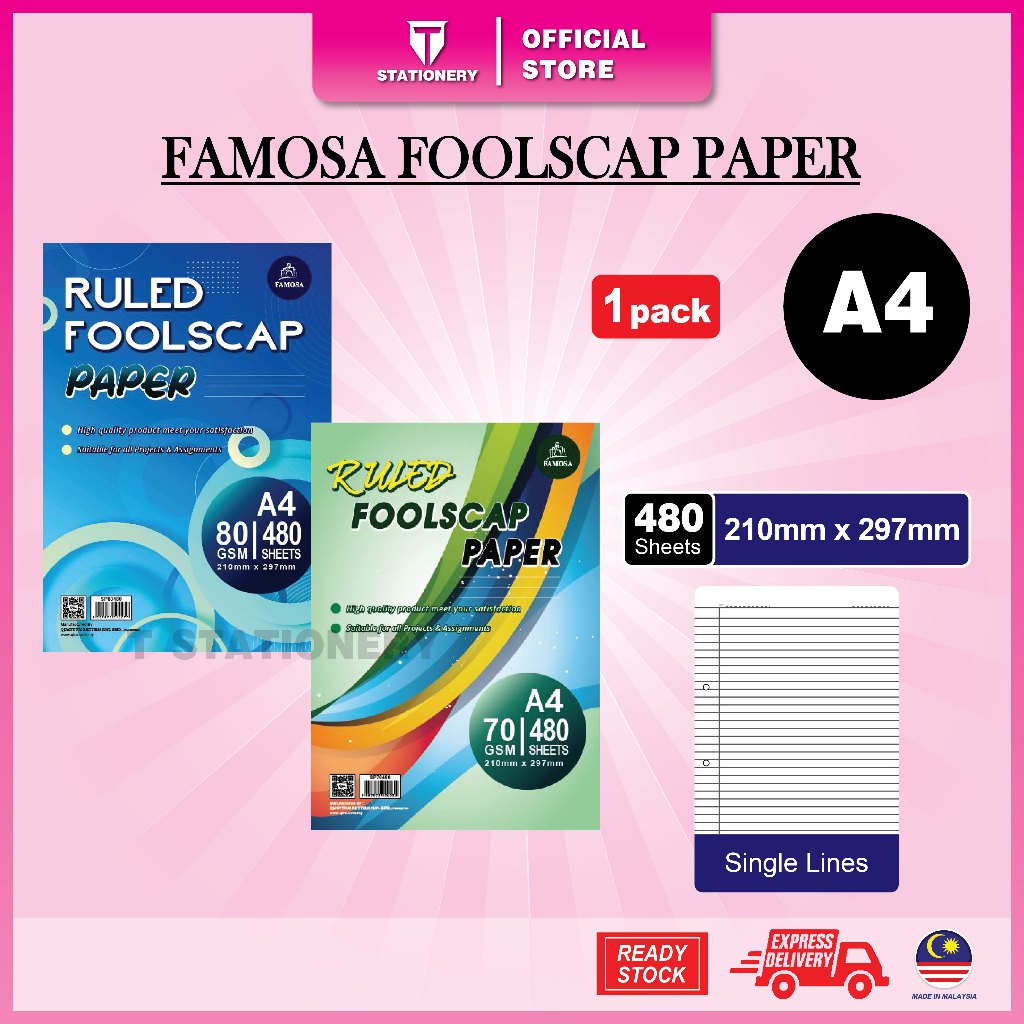 FAMOSA A4 70gsm & 80gsm 480 sheets 7.5mm Broad Line Foolscap Paper Exam ...