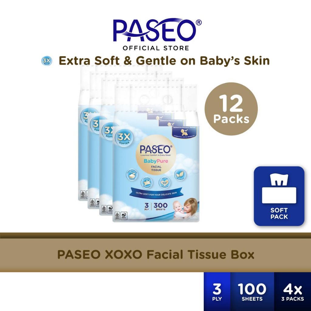 [Bundle of 4] Paseo Baby Pure Facial Tissue Soft Pack (100 Sheets x 3 ...