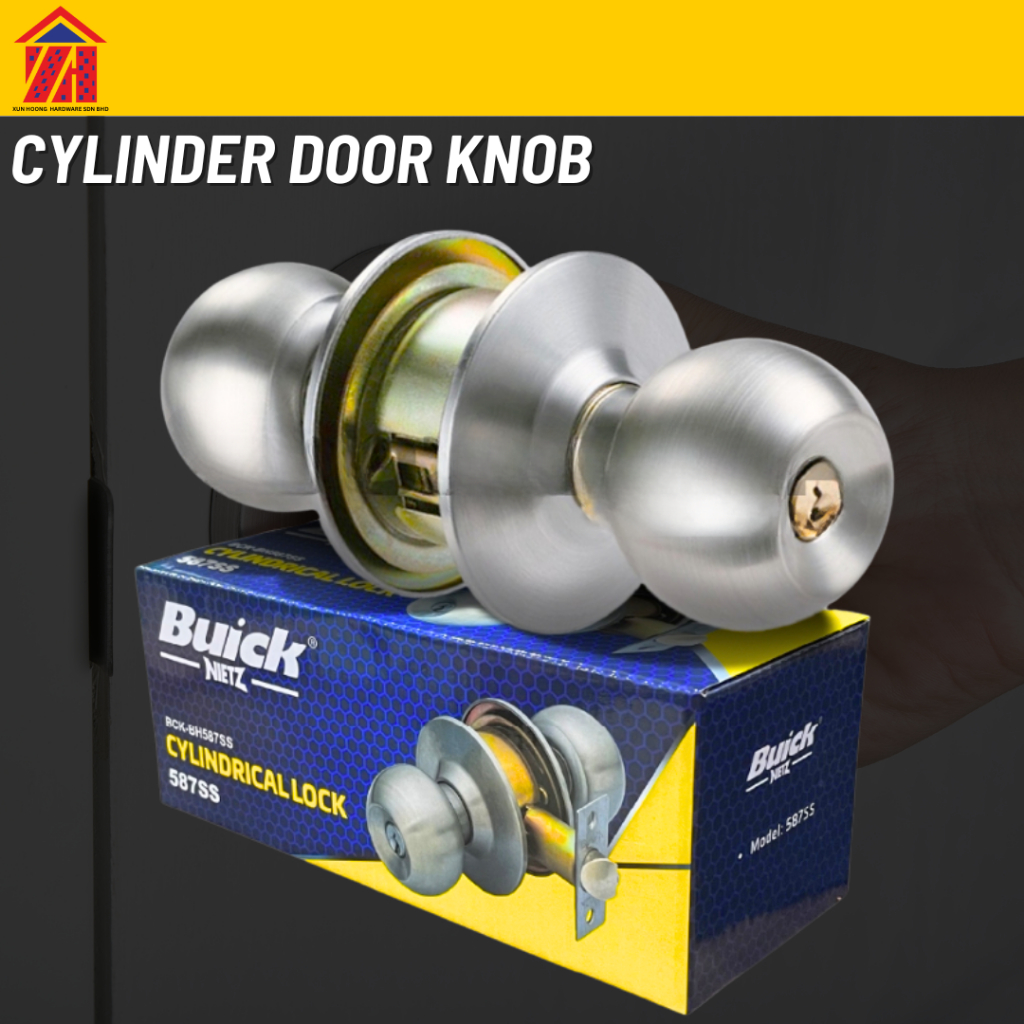 Nietz N10 Premium Stainless Steel Cylindrical Door Knob Lock Set Entrance Lock Tombol Pintu ...
