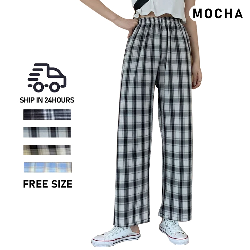MOCHA Women Plaid Long Pants High Waist Casual Loose Slimming Straight ...