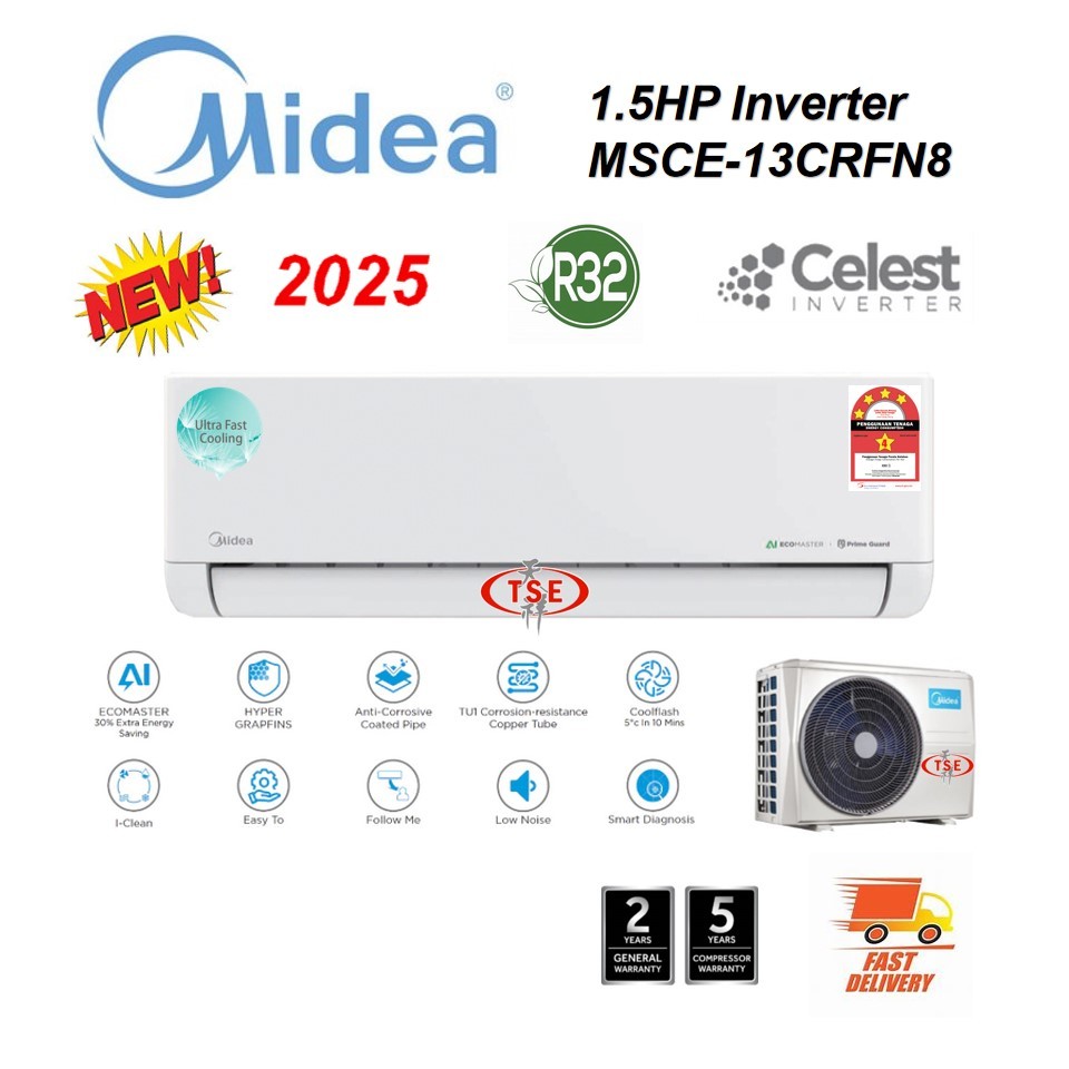 Midea (MSCE-13CRFN8) 1.5HP wall type air cond R32 Gas Inverter (New ...
