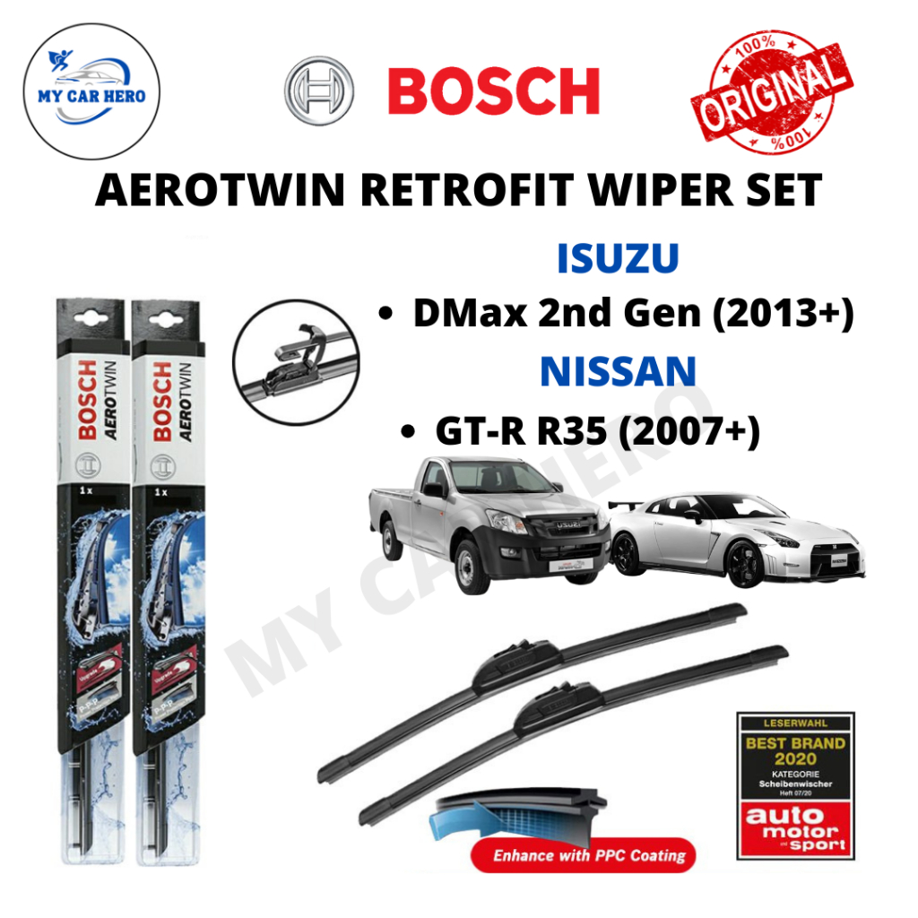 BOSCH Aerotwin Retrofit U Hook Wiper Set for Isuzu DMax 2nd Gen (2013+) / Nissan GT-R GTR (R35 ...