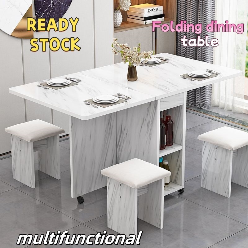 READY STOCKFolding dining table multi-functional home movable table and four chairs simple ...