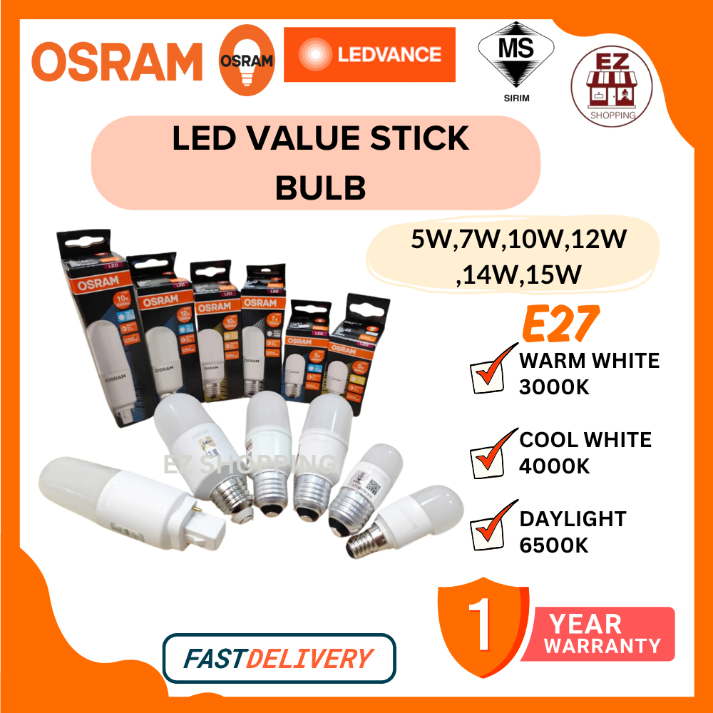 OSRAM LED VALUE STICK BULB 5W/7W/10W/12W/14W/15W SIRIM APPROVED WARM WHITE/COOL WHITE/DAYLIGHT ...