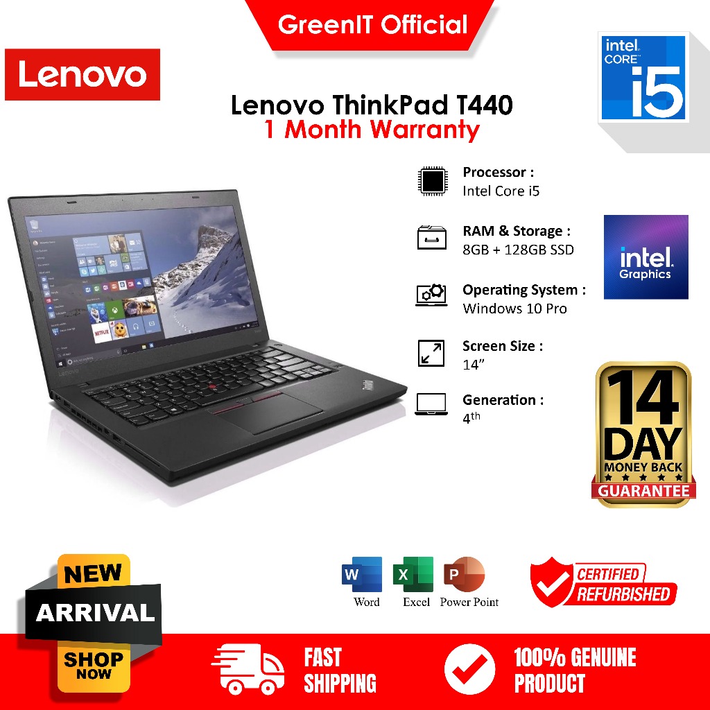 Lenovo ThinkPad T440 - Intel Core i5 - 4th Generation - 8GB RAM - 128GB SSD - 14" Display ...