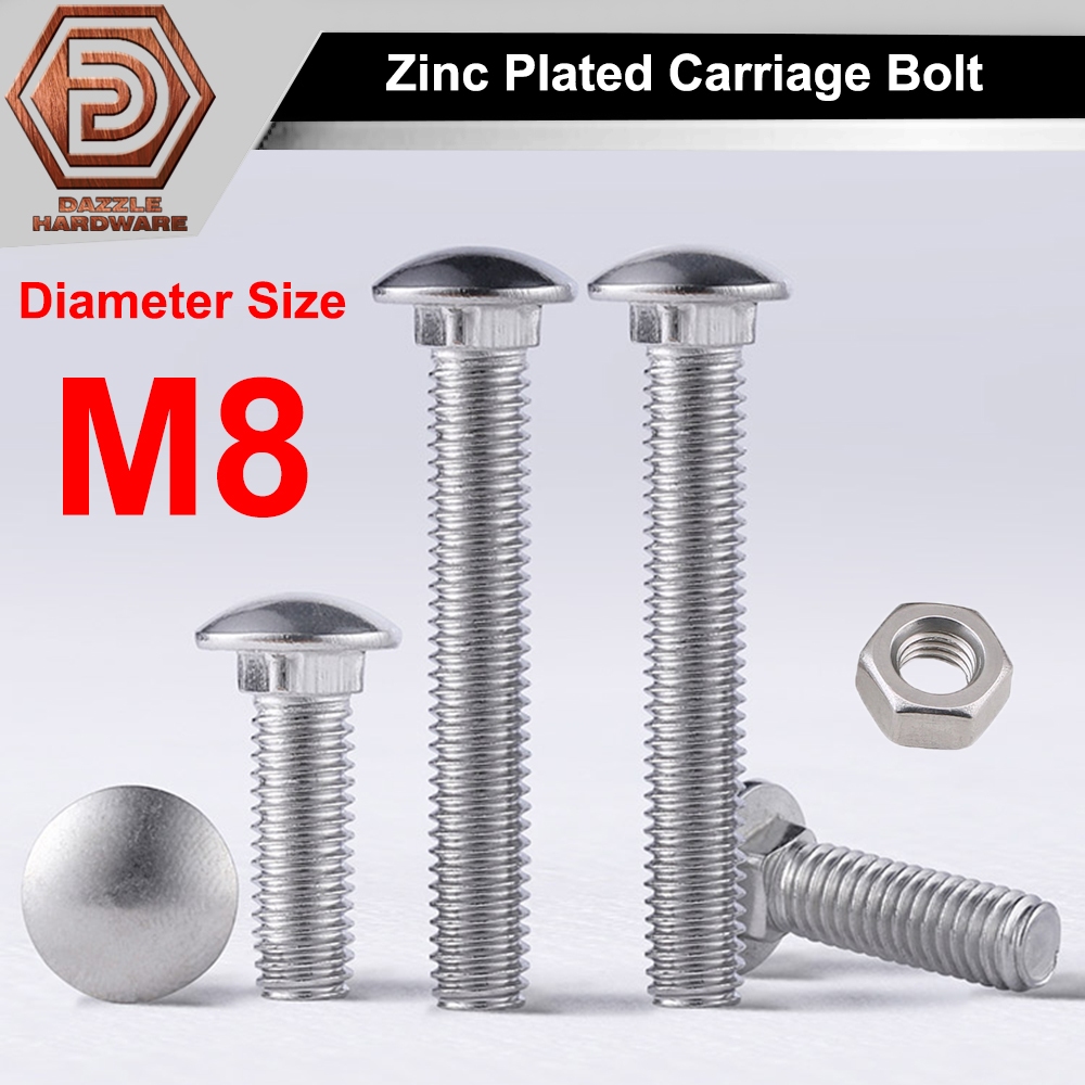 [ 1 Unit = 1 Set ] M8 Zinc plated carriage bolt and nut set Gi carriage ...