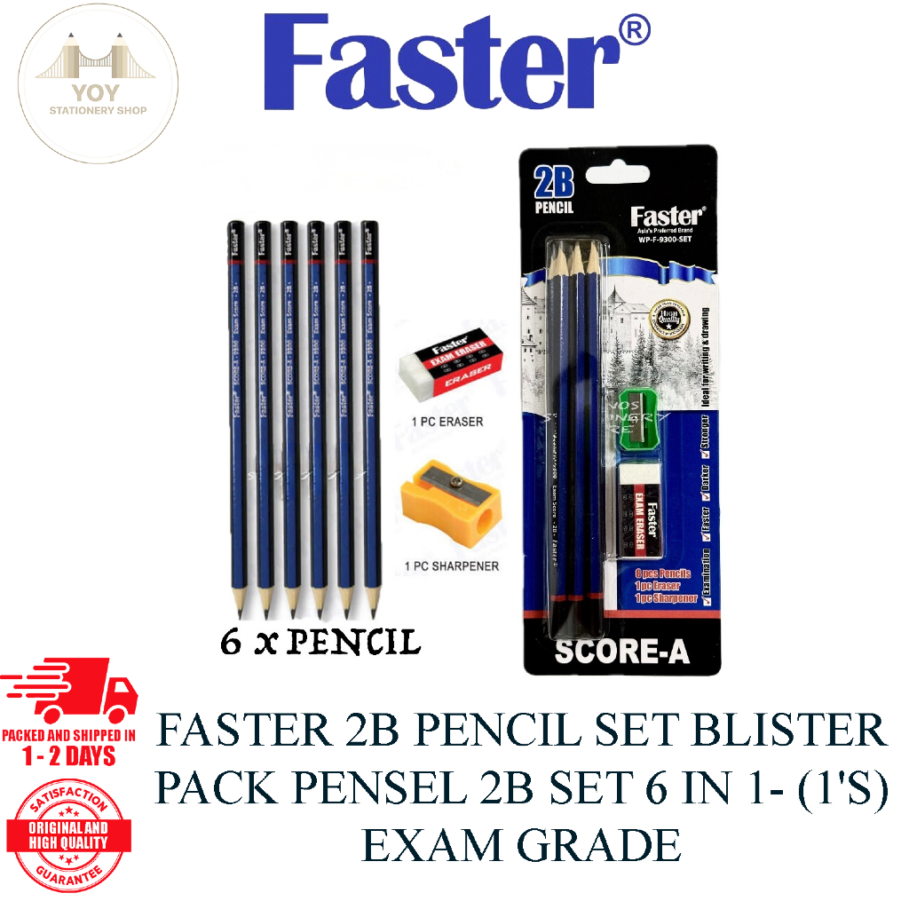 FASTER 2B PENCIL SET BLISTER PACK PENSEL 2B SET 6 IN 1- (1'S) EXAM ...