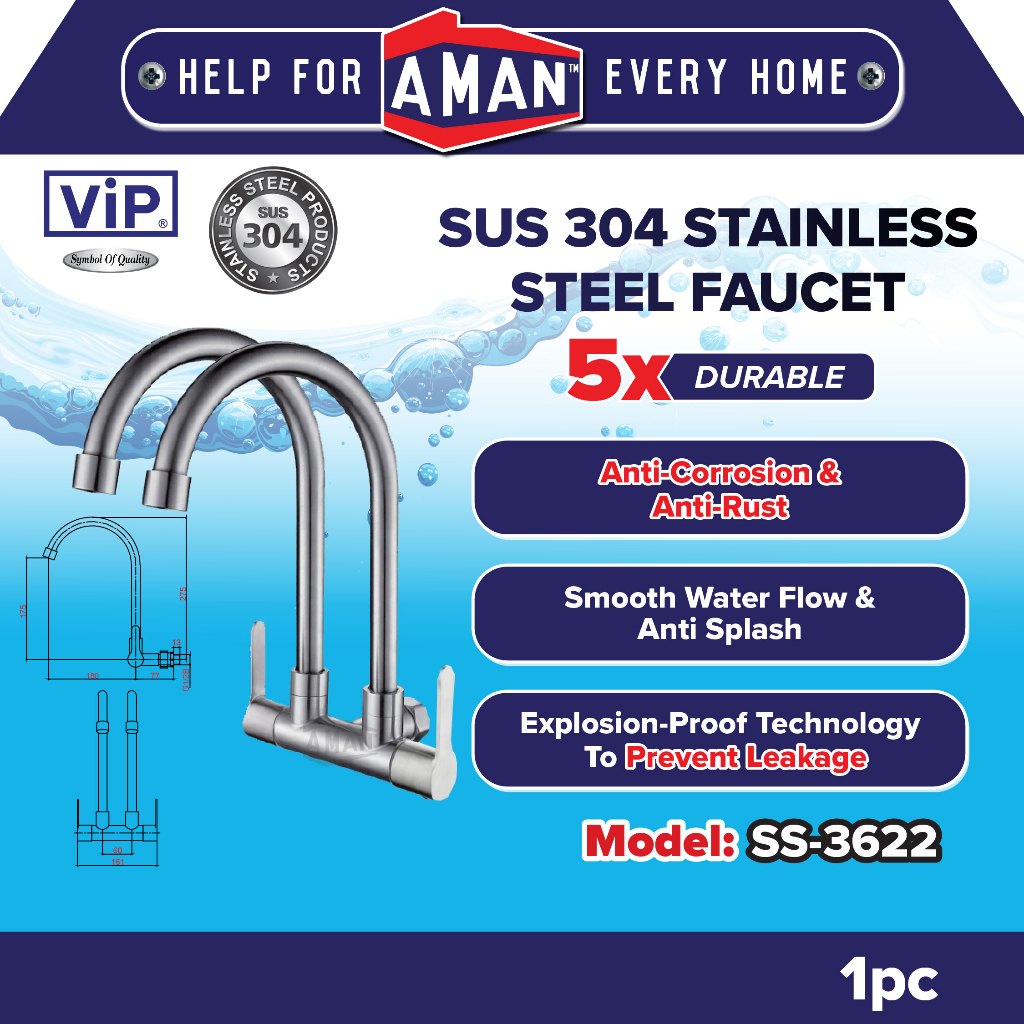 VIP SUS-304 Stainless Steel Double Wall Sink Tap Kitchen Sink Tap Basin ...