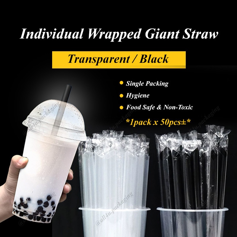 12mm Giant Straw Transparent Black Sharp End 50pcs Bubble Tea Straw ...