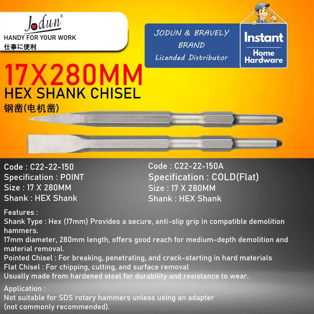 JODUN BRAND 17 X 280MM HEX Shank Concrete Chisel For Demolition Hammer ...
