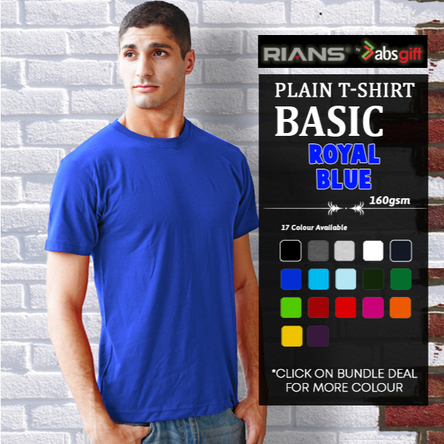 RIANS BASIC - ROYAL BLUE Plain Cotton Round Neck T-Shirt (Short Sleeve ...