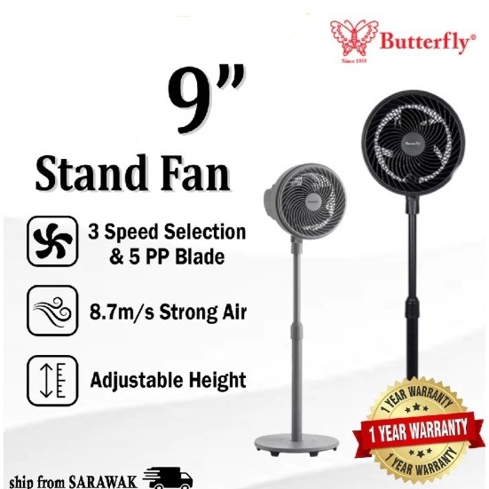 Butterfly 9“ Stand Fan Kipas Berdiri 8 Inch 3 Speed Strong Wind Height ...