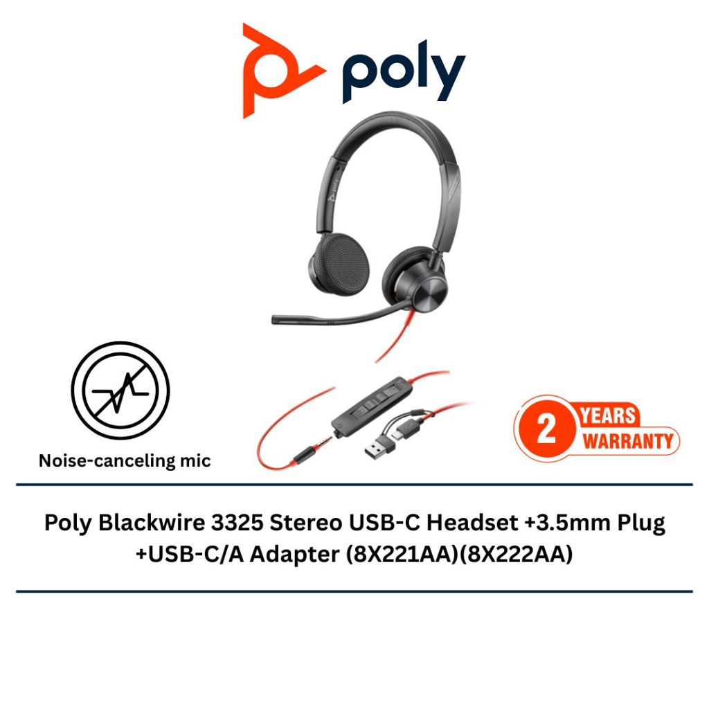 Poly Blackwire 3325 Stereo USB-C Headset +3.5mm Plug +USB-C/A Adapter ...