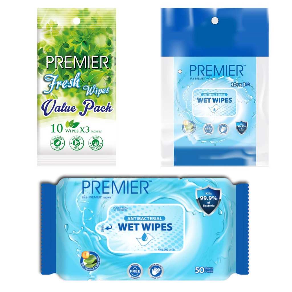 PREMIER Antibacterial Wet Wipes ( 3 pack x 10's ), ( 50,s ) / Fresh Wet ...