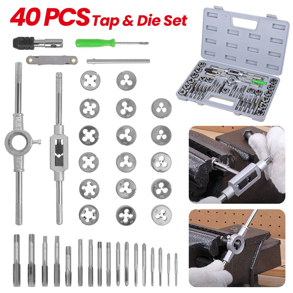 MKR 40Pcs M3-M12 Screw Nut Tap and Die Set with Wrenches and Thread Gauge Heavy Duty Hand Tools ...