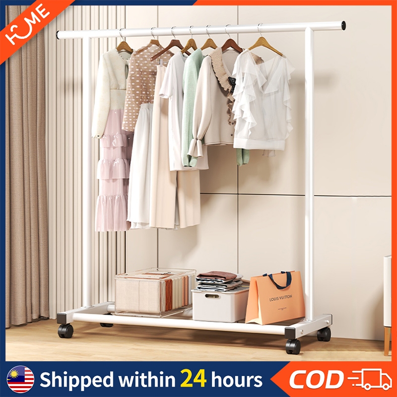 Single Pole Bedroom Balcony Clothes Rack with Wheel - Black/White ...