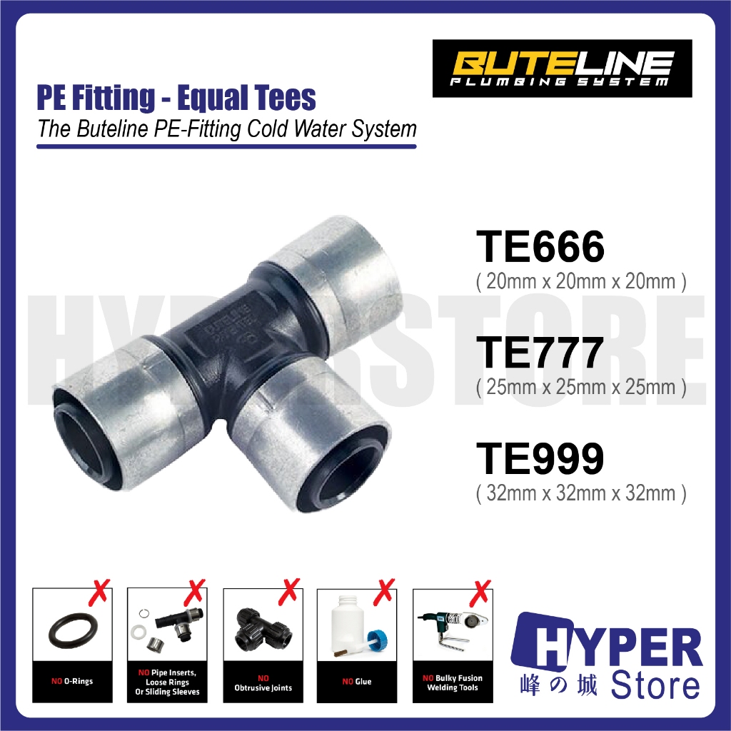 Buteline Fitting (TE777-25mm x10pcs) | 25mm PE Equal Tee / Cold Water ...