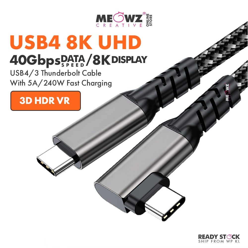 USB4 90° Elbow Type-C Thunderbolt 4/3 Cable 40Gbps 8K UHD PD3.1 QC4.0 240W/140W/100W/60W/45W ...