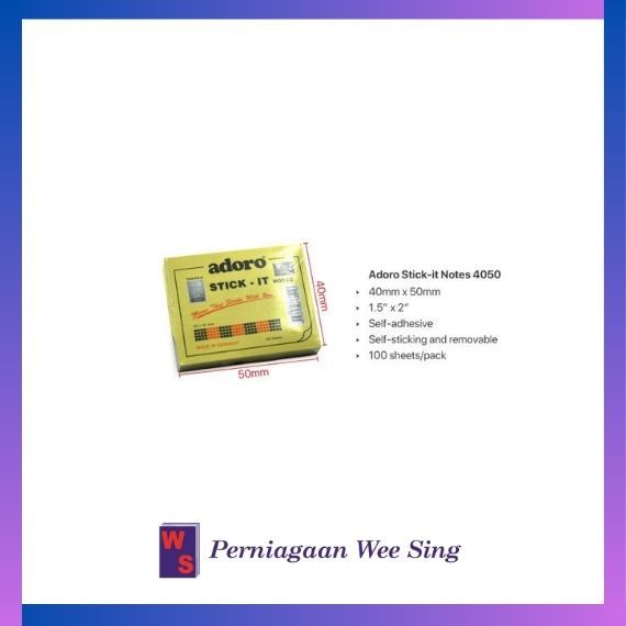 [WEE SING] ADORO STICK NOTE 40MMX50MM 100 X 2PAD/PACK | Shopee Malaysia