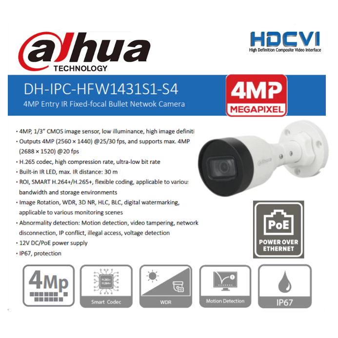 DAHUA IP Cam 4MP HD Bullet Outdoor Network Camera DH-IPC-HFW1431S1P PoE ...