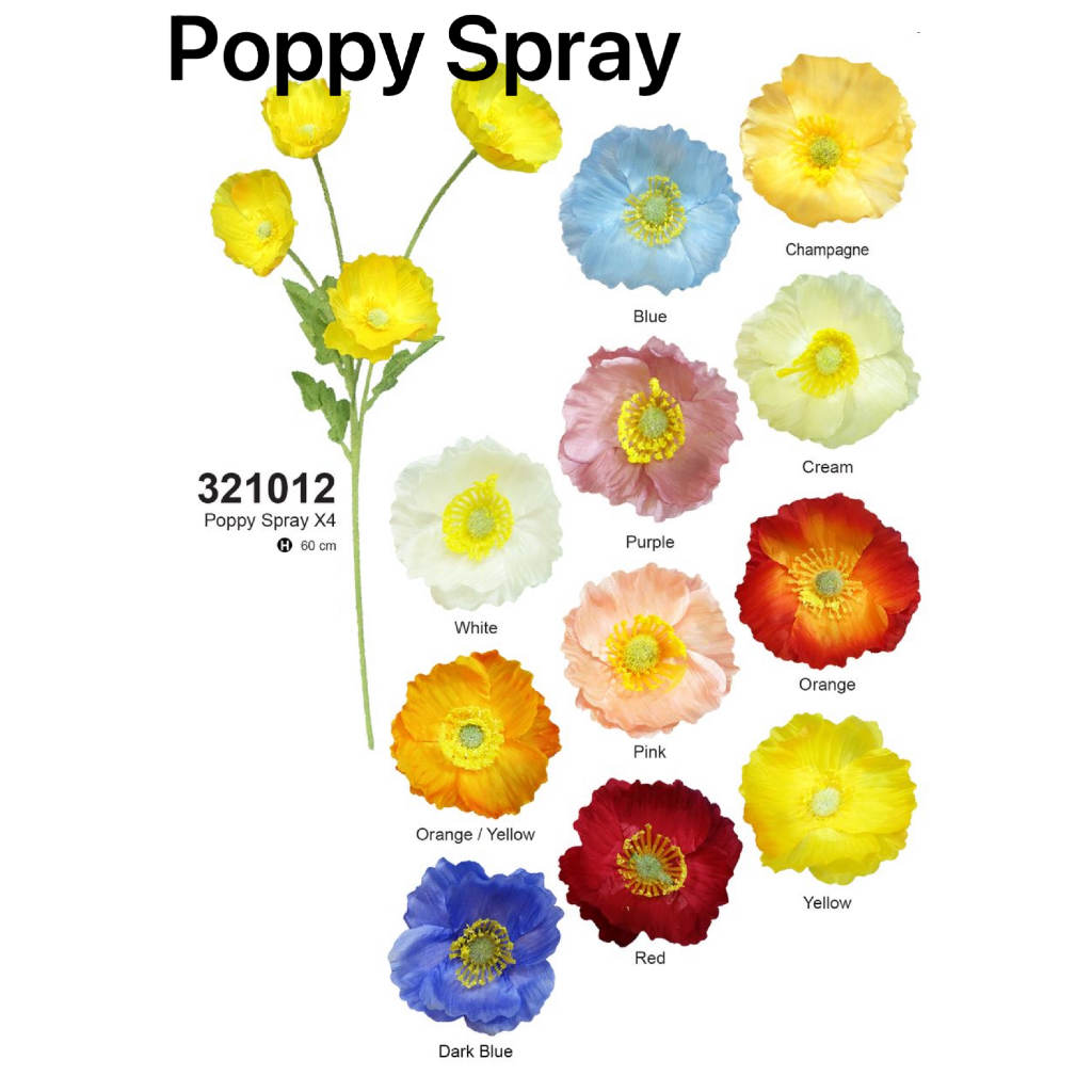 Poppy Spray / Bunga Poppy/ 4 Heads Artificial Poppies Flower Silk ...