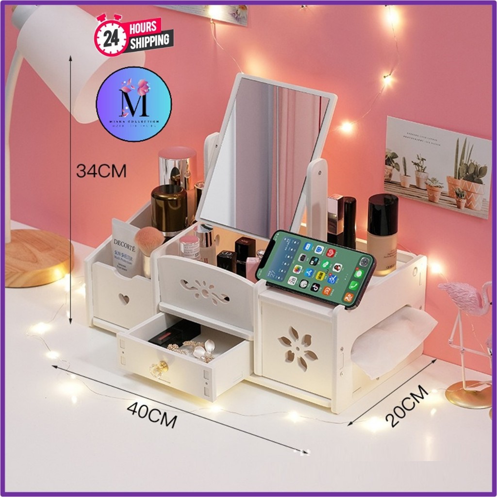 Makeup Organizer Rack With Cat Ear Rotate Mirror & Drawer Cosmetic ...