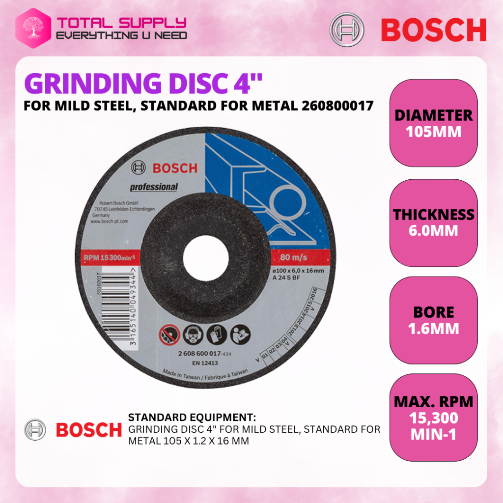 2608600017 BOSCH 4" Grinding Disc Standard for Mild Steel Metal 105 x 1 ...