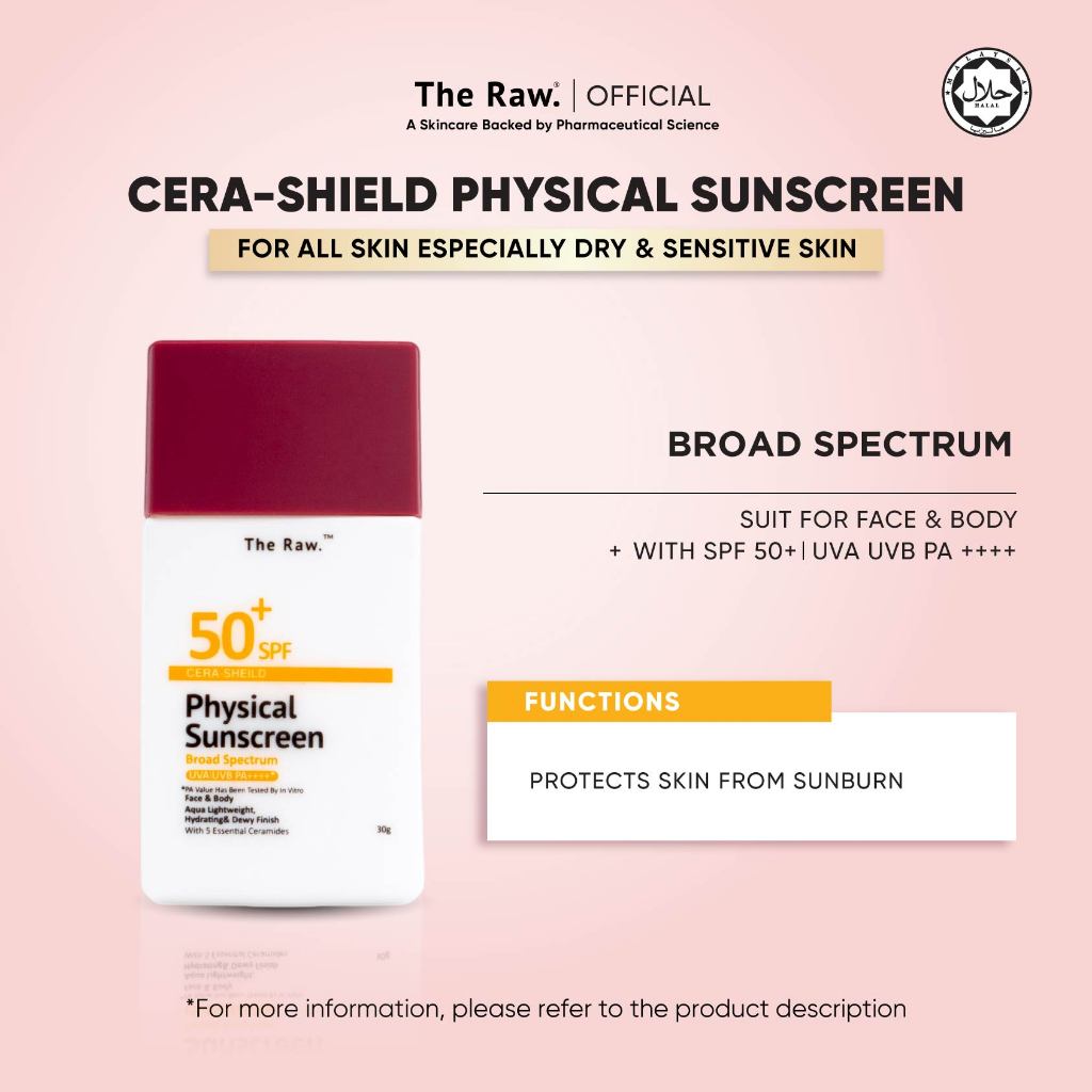 The Raw. Cera-Shield Physical Sunscreen SPF 50+ PA++++* Broad Spectrum UVA / UVB (For Face ...