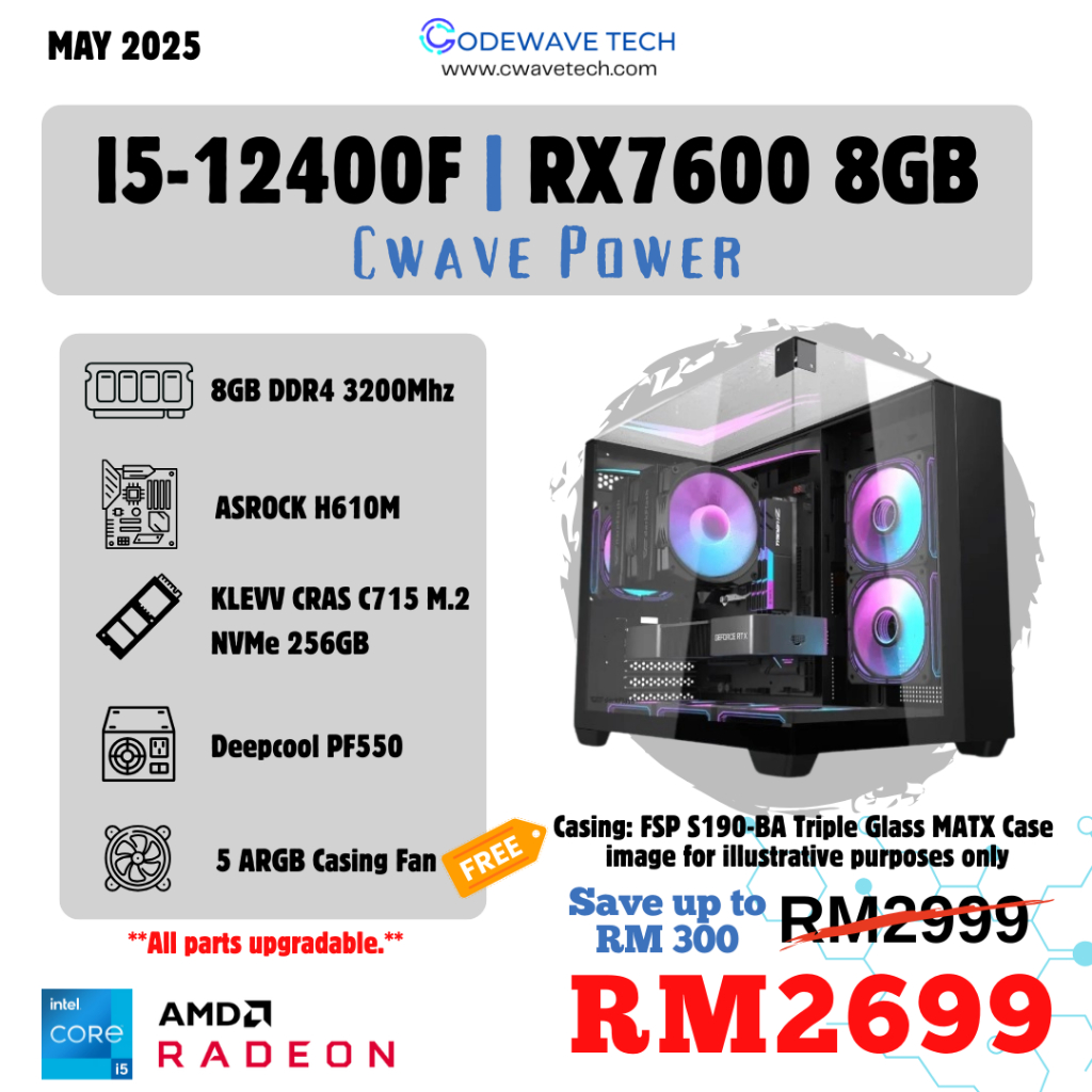 Cwave Tech RX7600 Gaming PC (I5 12400F Ryzen 5 5500 / RX7600 8GB / 8GB RAM / 256GB M.2 NVMe SSD ...