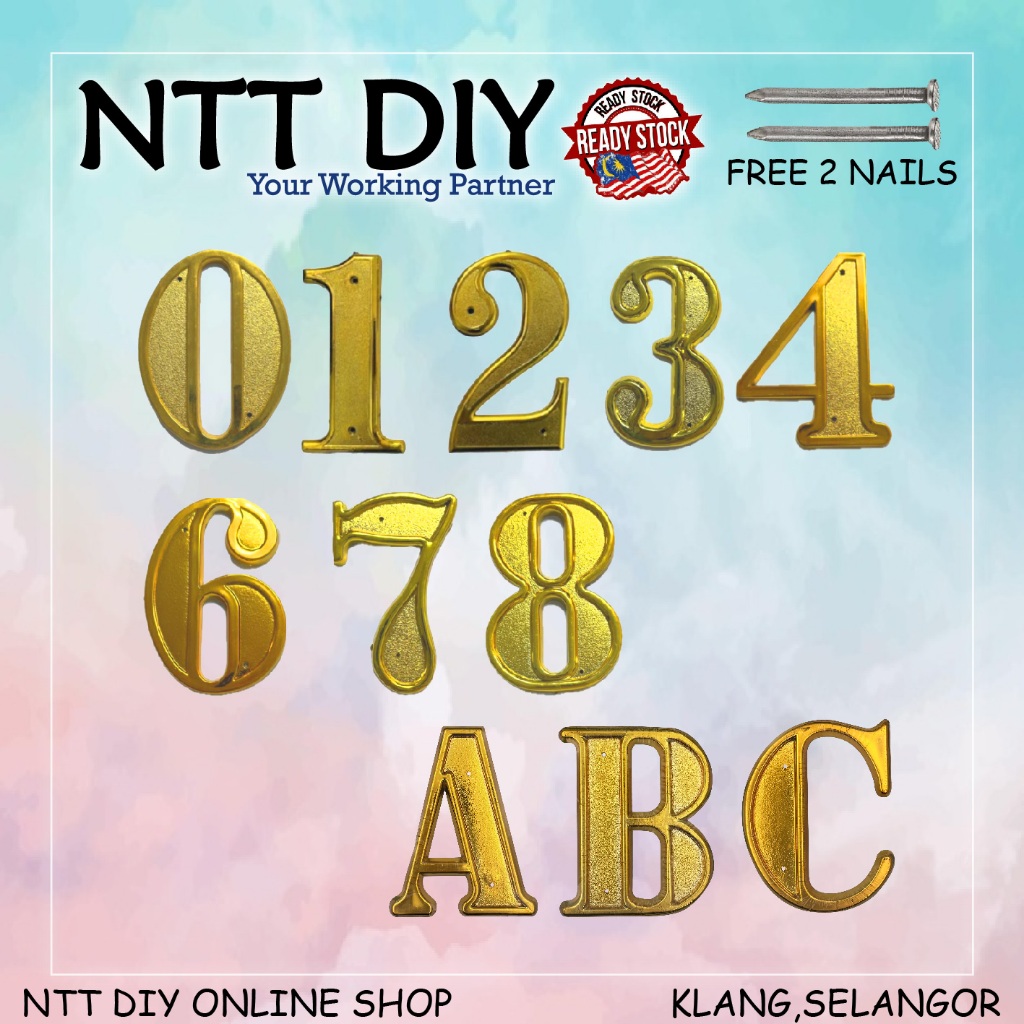 NTT DIY 4 Inch / 100mm House Numbering /House Number Plate Gold Color ...
