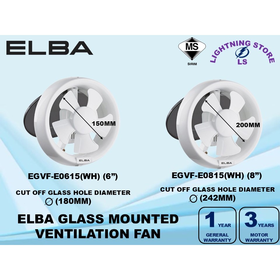 Elba 6" / 8" Glass Mounted Ventilation Fan EGVF-E0615(WH) / E0815(WH ...