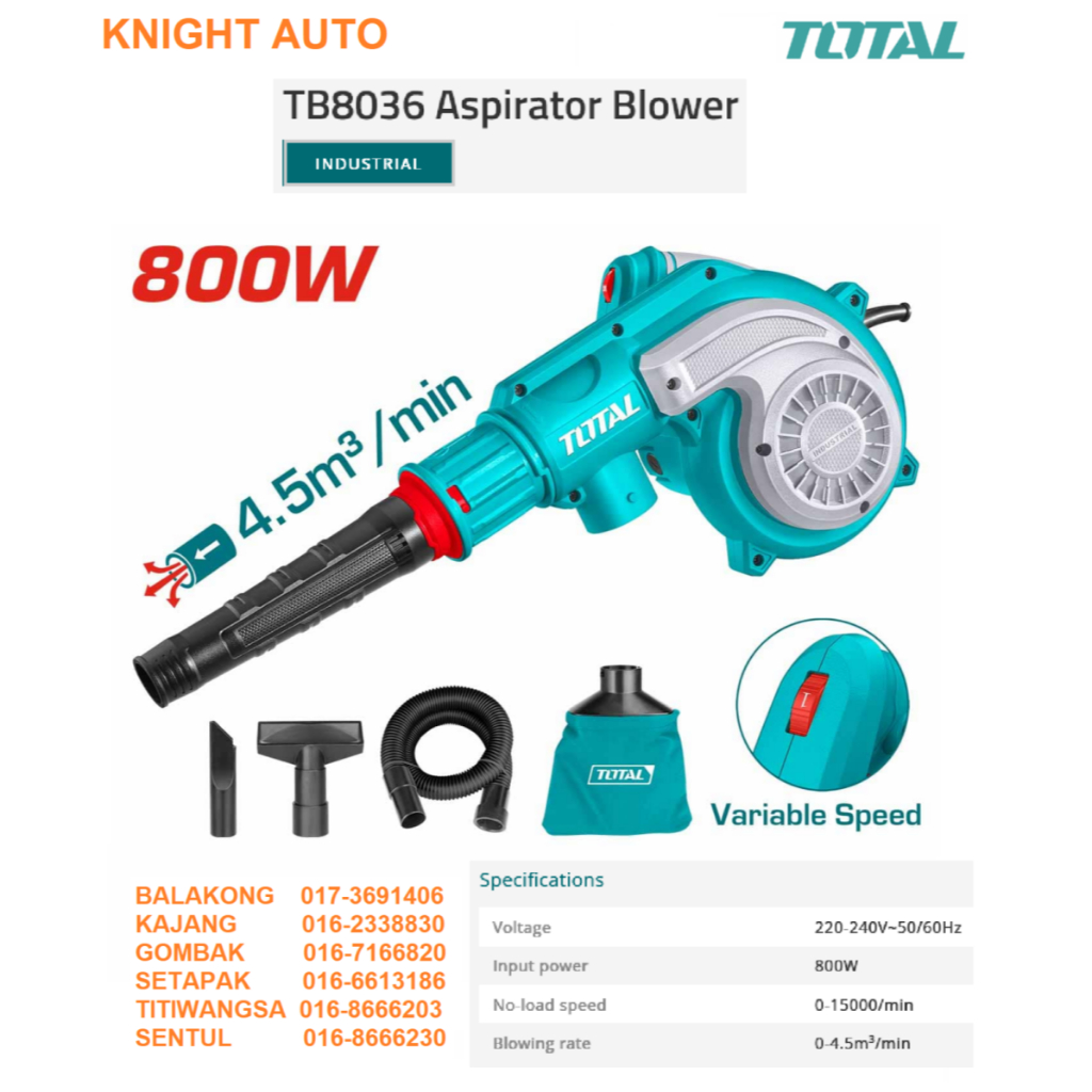 TOTAL WIRE Aspirator Blower TB6036 650W / Industrial TB8036 800W ...