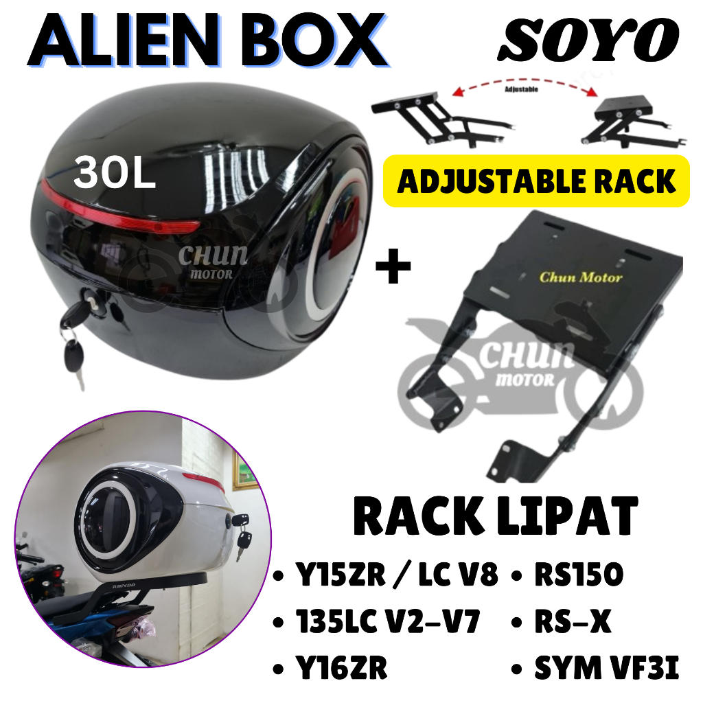 Rack Adjustable SOYO + Alien Box 30L For Motorcycle Y15ZR/135LC/Y16ZR ...