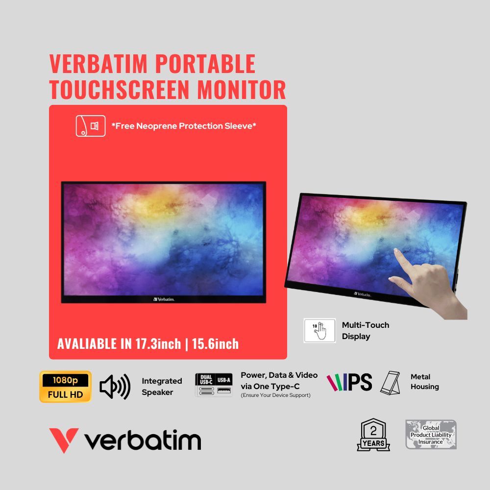 Verbatim Slim 15.6" & 17.3" Portable Touchscreen Monitor | Full HD ...